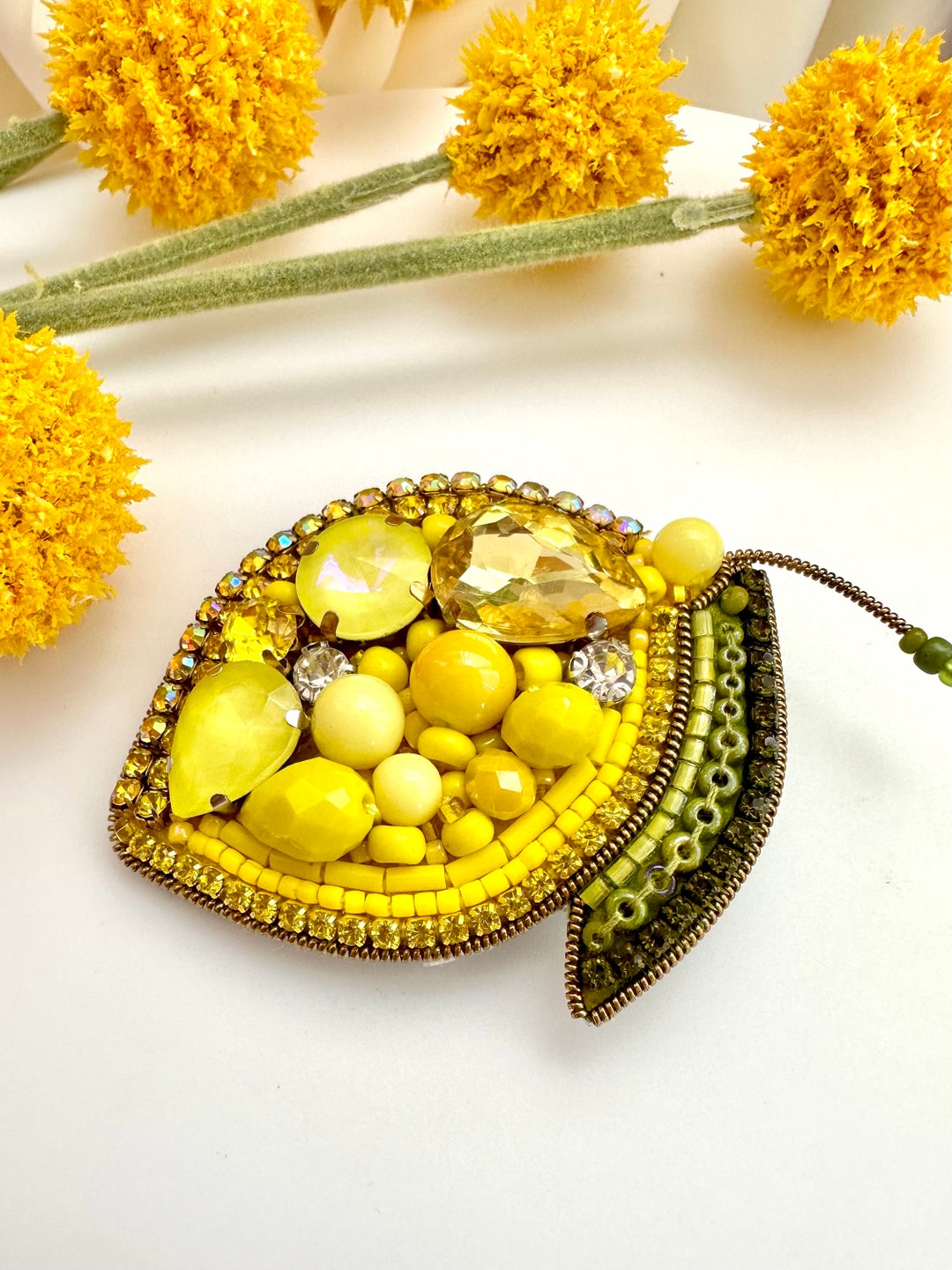 Hand-embroidered Brooch lemon. Handmade Colorful Pin Brooch. Designer ...