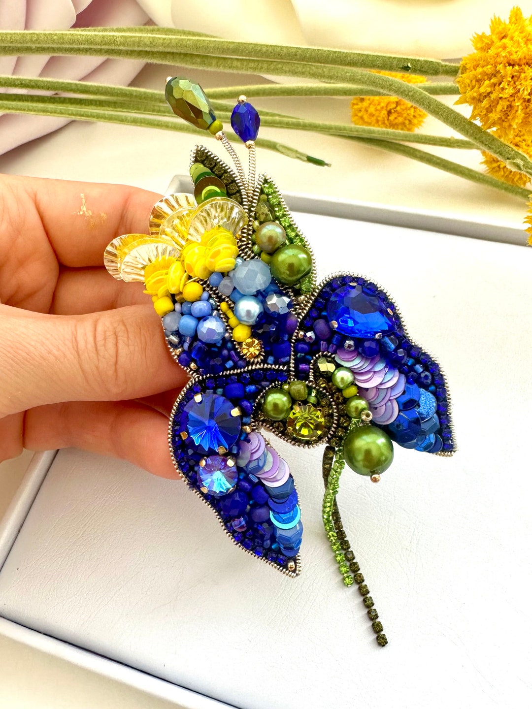 Hand-embroidered Blue Iris Brooch: Beaded Flower Pin - Etsy