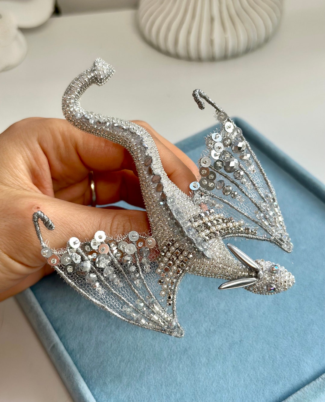 Handmade Embroidered Brooch “silver Dragon”. Designer Hand Embroidered ...