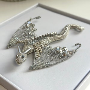 Handmade Embroidered Brooch silver Dragon. Designer Hand Embroidered Pin Brooch. Beaded Brooch ...