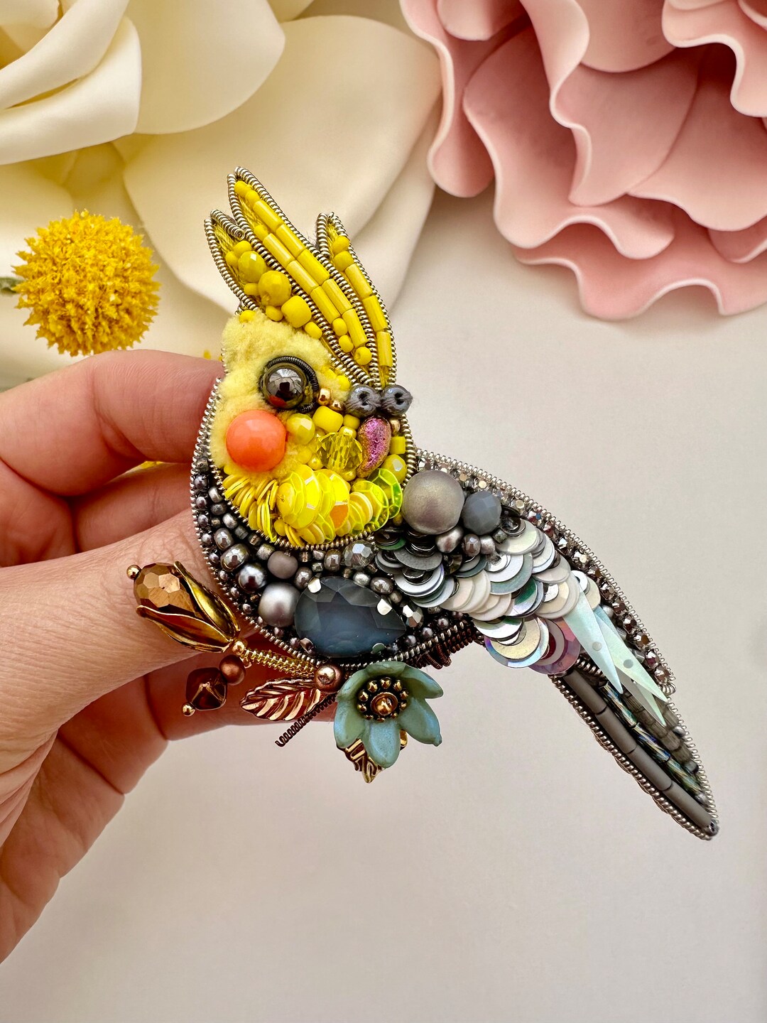 Hand-embroidered Brooch Yellow Parrot Handmade Designer Pin Brooch ...