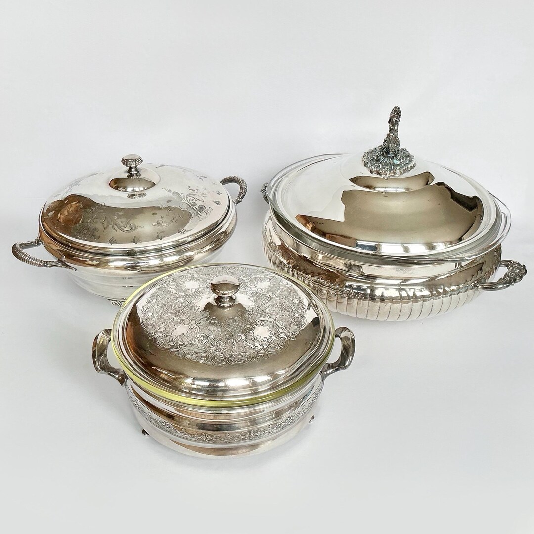 Vintage Silver Plate Covered Serving Dishes With Glass Inserts. Small ...