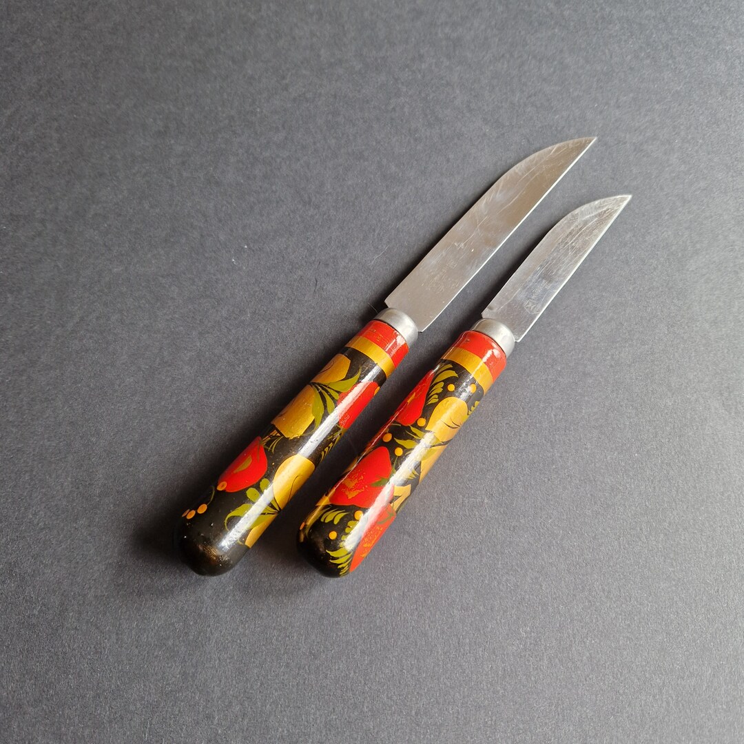 Pair of Vintage Khokhloma Russia Knives. Wooden Handles. Lacquer Hand ...