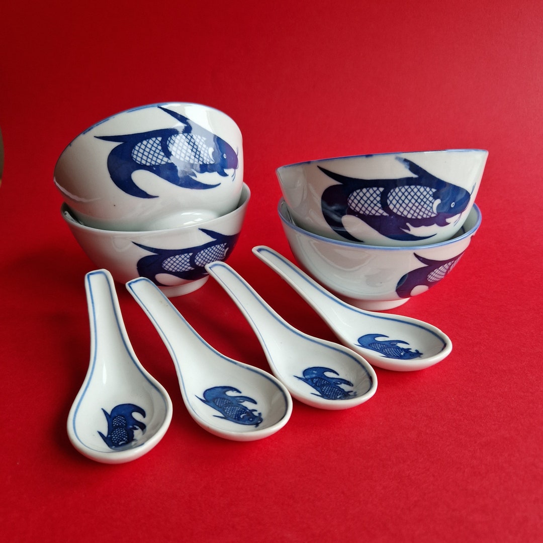 Set of Four Adorable Chinese Porcelain Rice Bowls With a Blue Fish ...