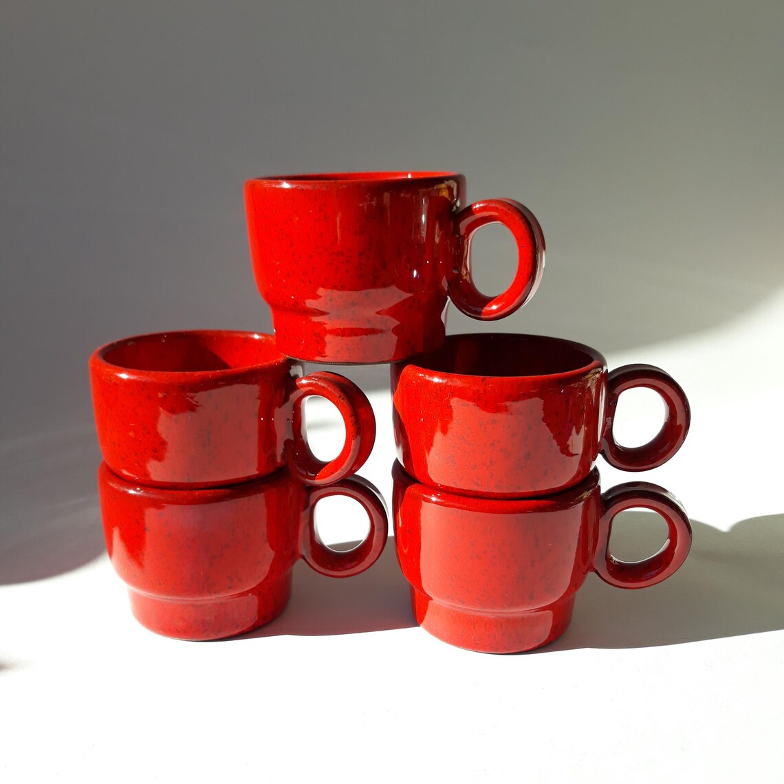 Set of 5+1 Ceramic Espresso Cups in Bright Red Colour Glaze. Very Cute ...