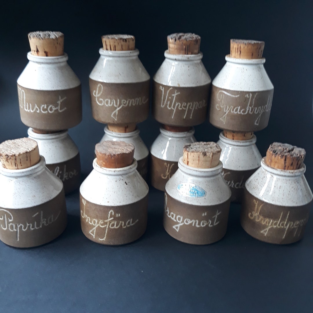 Set of 12 Vintage Swedish Studio Pottery Spice Jars Canisters With Cork ...