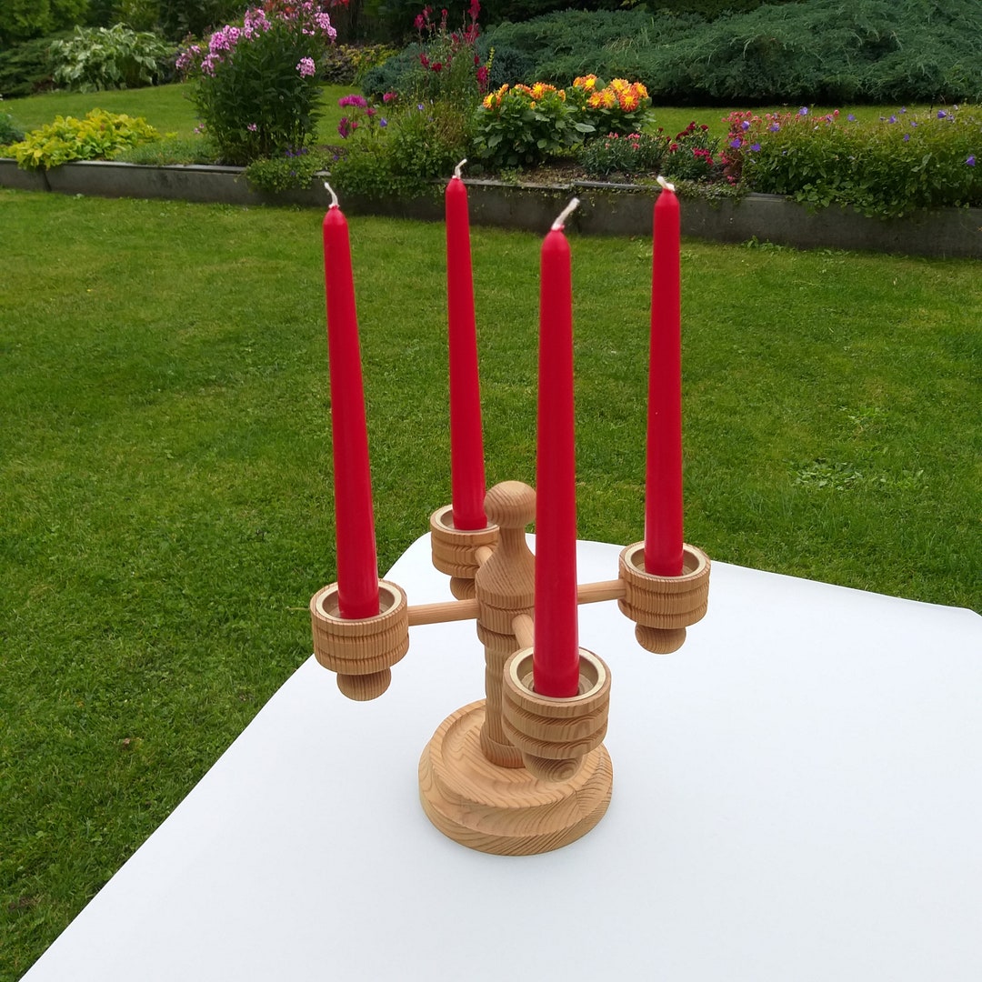 Vintage Swedish Turned Pine Wood Four Arm Candelabra, Candle Holder. It ...
