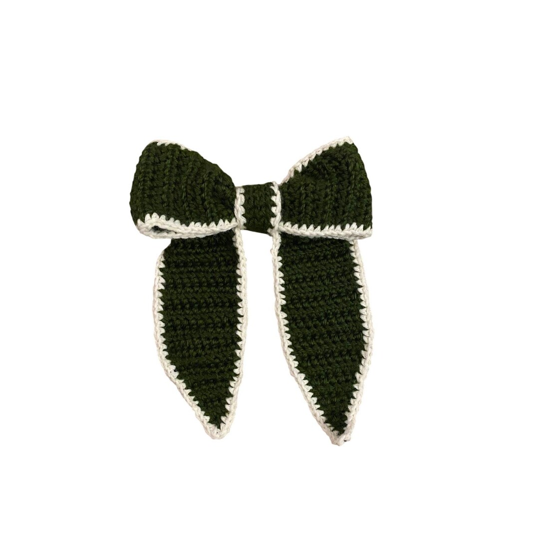 Forest Green Crochet Bow With Cream Trim - Handmade Accessory With ...