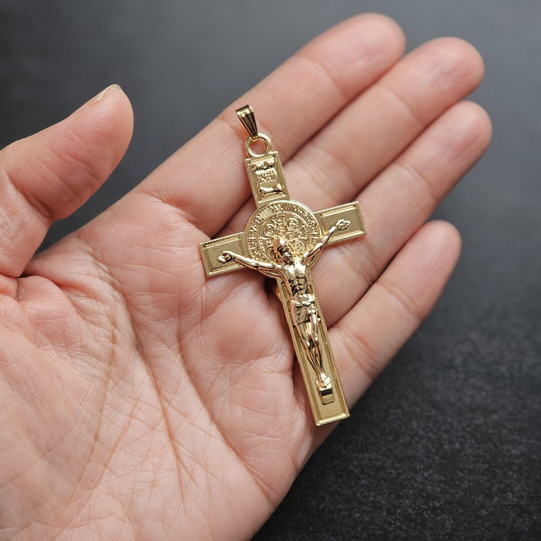 St. Benedict Big Rose Gold Cross With Jesus Pendant 2.75 X 1.5 Inches ...