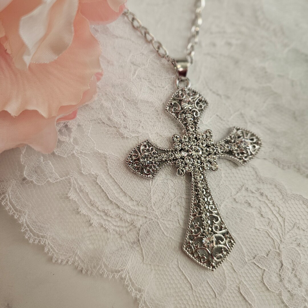 Luke Silver Big Rhinestone Studded Cross Pendant Necklace, 3.5x2.5 ...