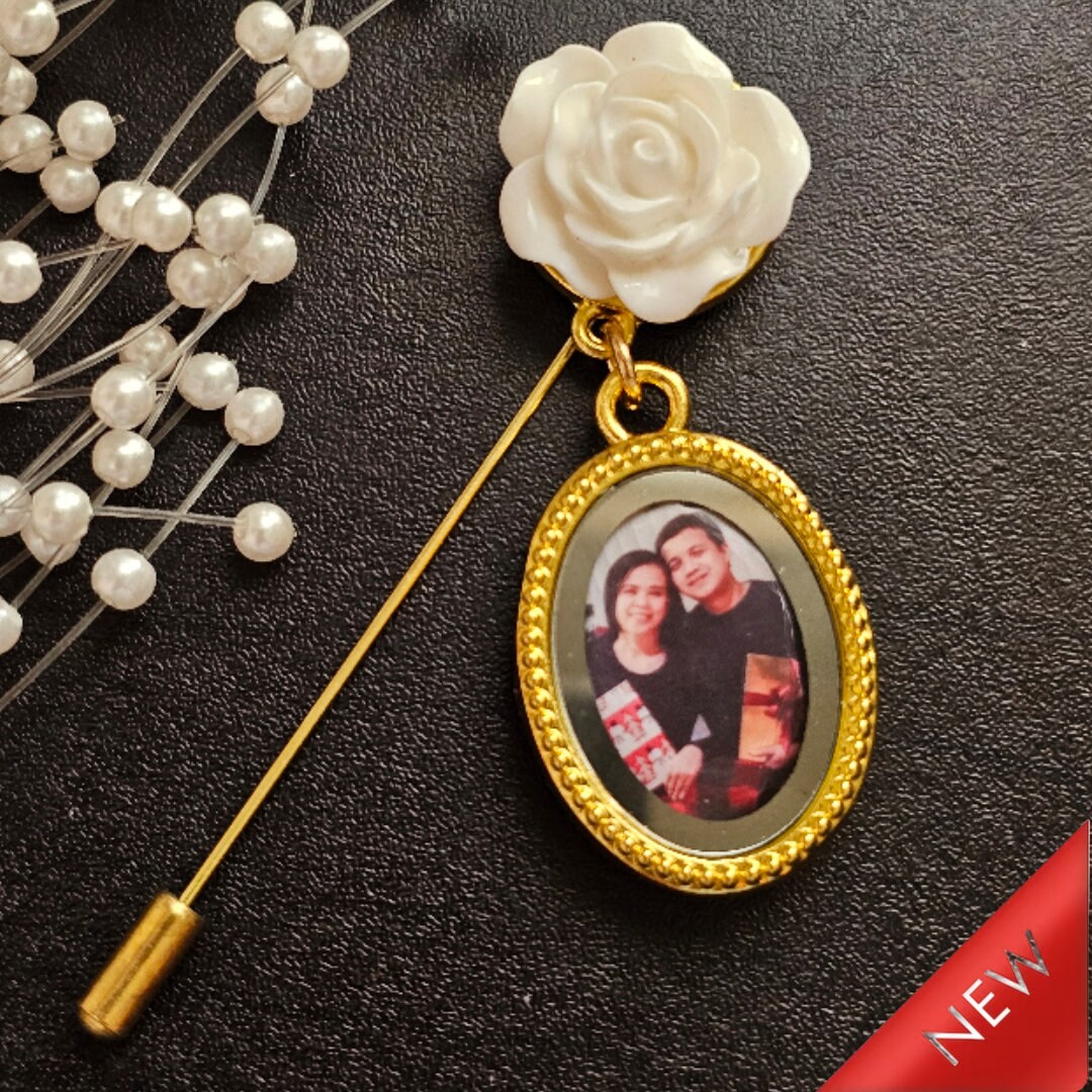 White Rose With Gold Oval Locket Photo Pin for Weddings, Memorials ...