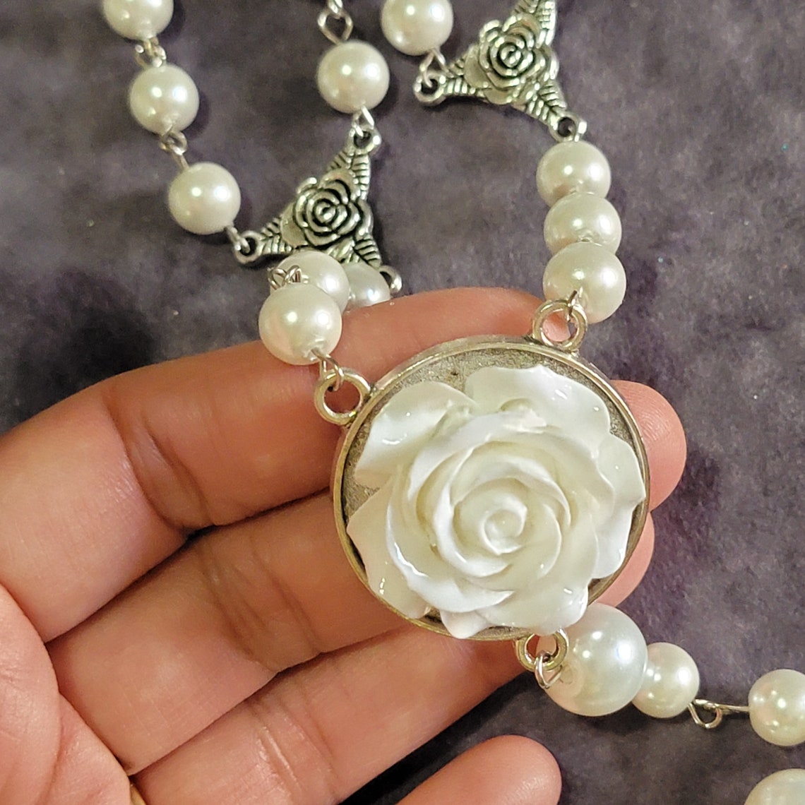 Silver - White Rose Pearl Rosary Unity Cord for Catholic Wedding Unity ...
