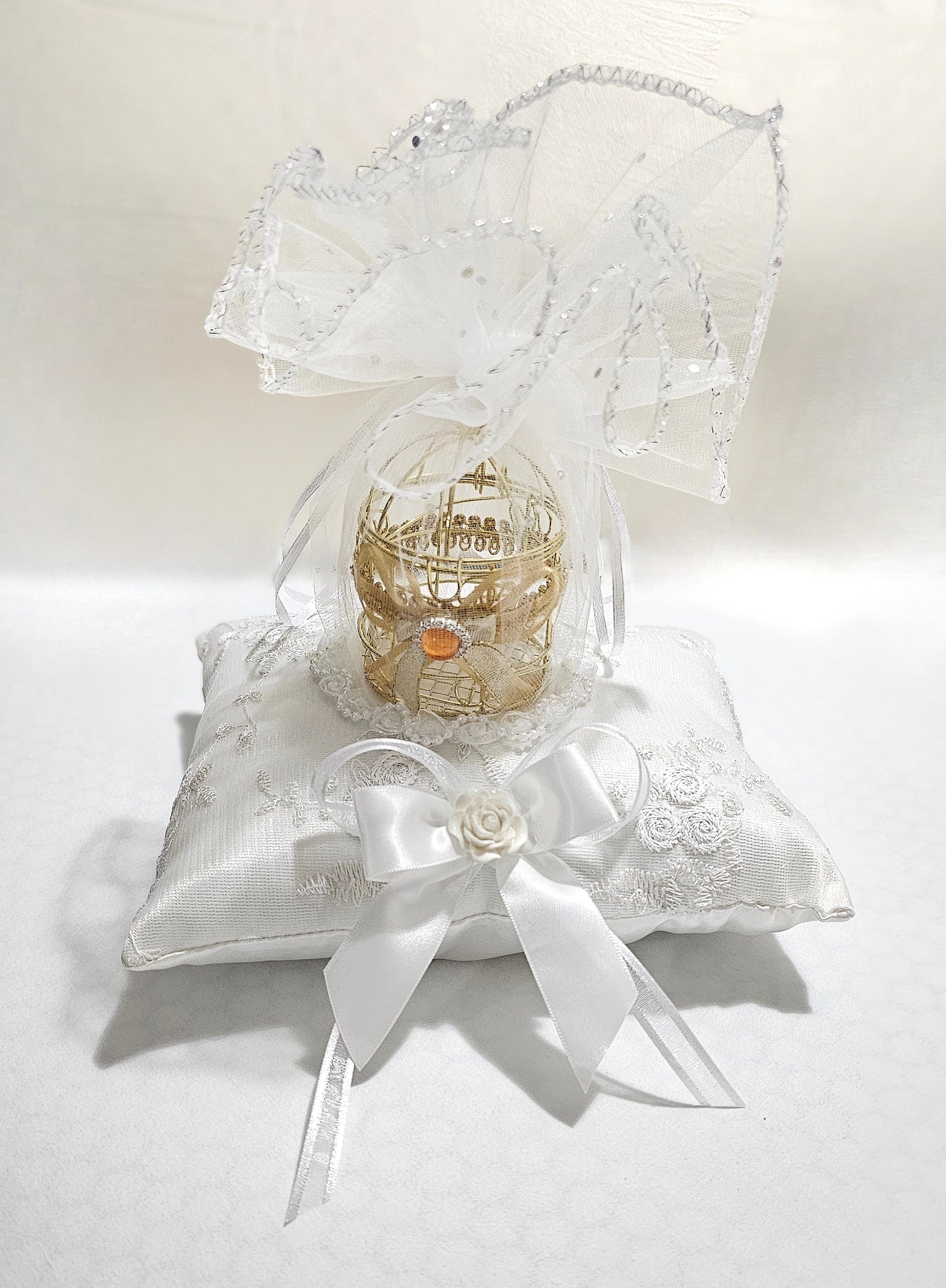 White Mini Embroidered Roses Arras Pillow, Wedding Unity Coins Cushion ...