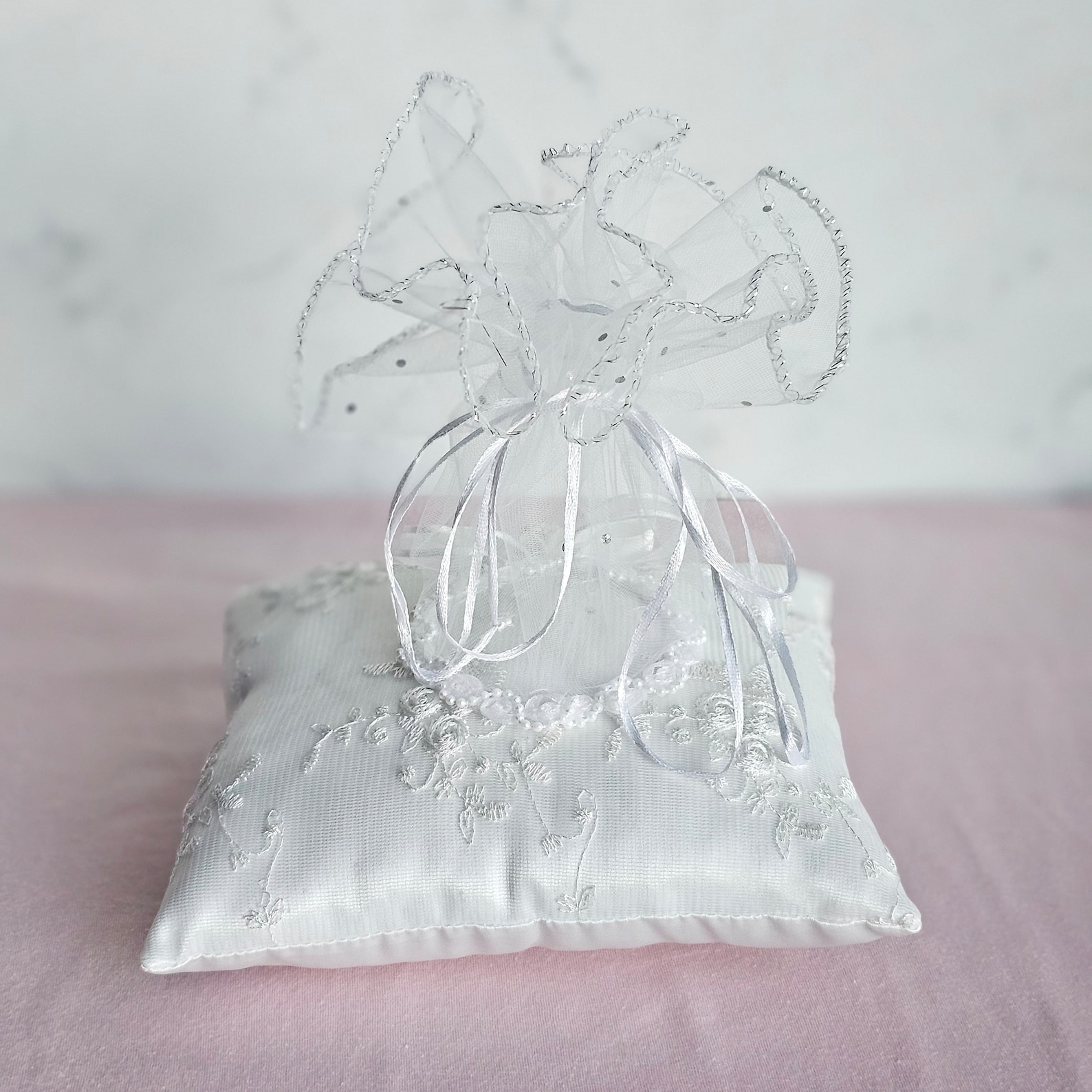 White Mini Embroidered Roses Arras Pillow, Wedding Unity Coins Cushion ...