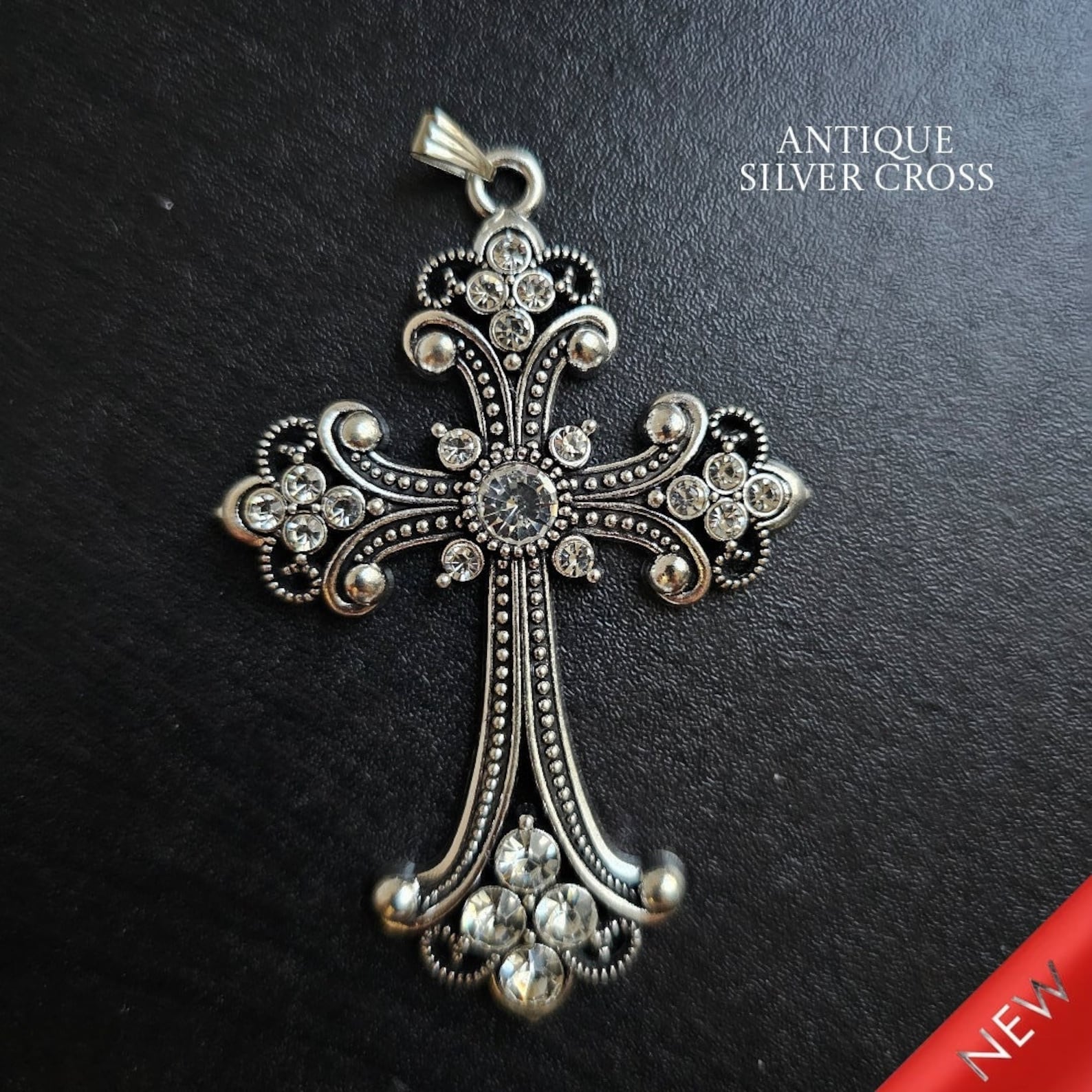 Timothy - Big Antique Silver Cross With Rhinestones Ornate Pendant ...