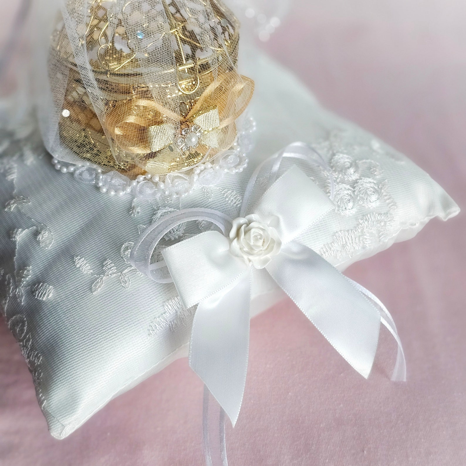 White Mini Embroidered Roses Arras Pillow, Wedding Unity Coins Cushion ...