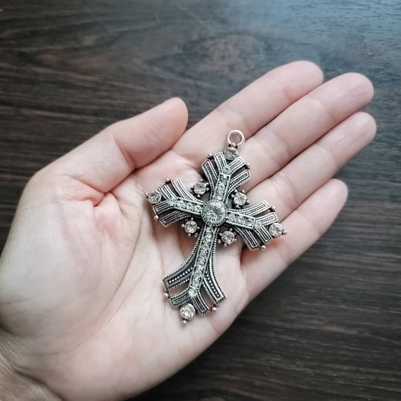 Large Gothic Antique Silver Cross Pendant Big Pendant With - Etsy