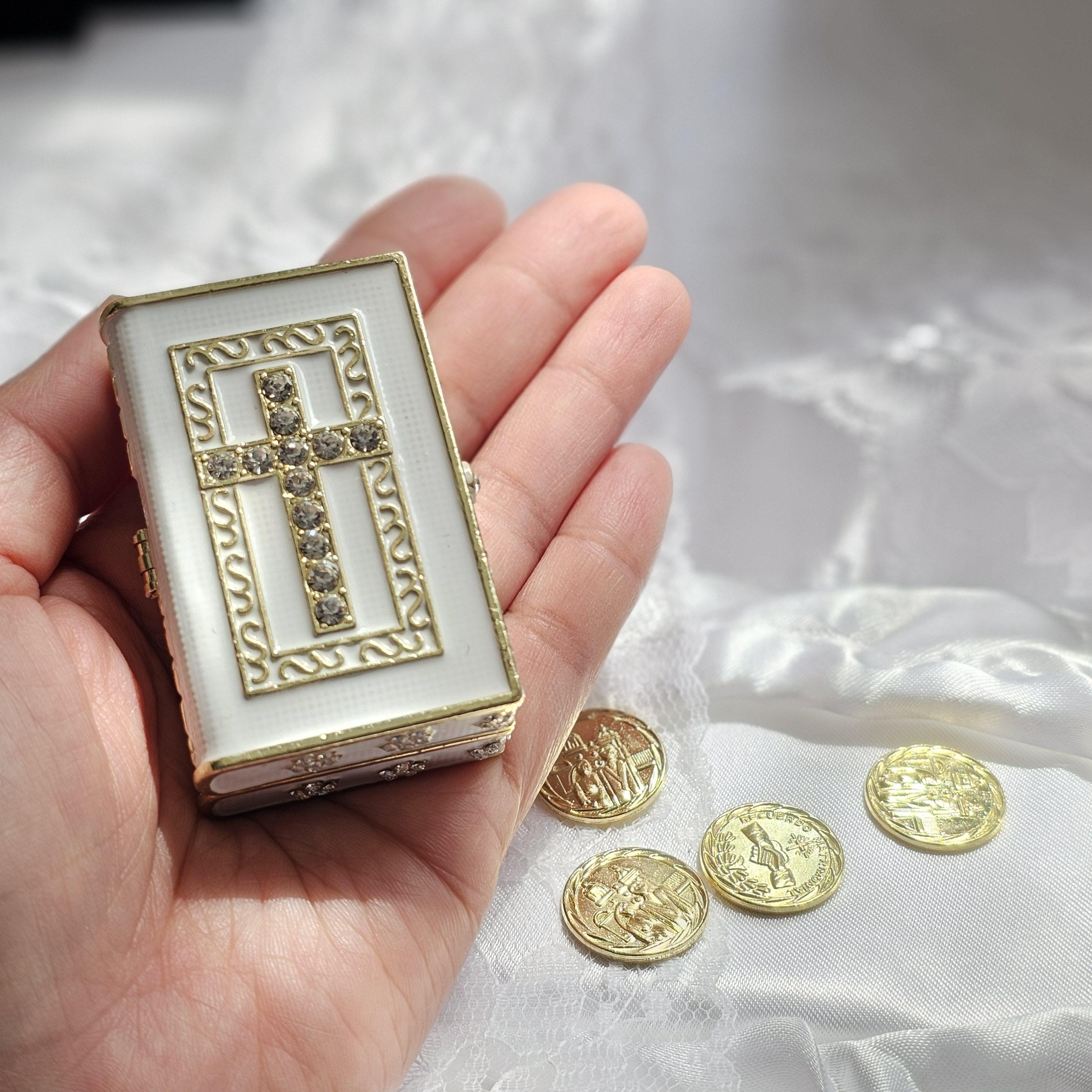 White and Gold Enamel Holy Bible Arras Box With 13pcs Gold Wedding ...