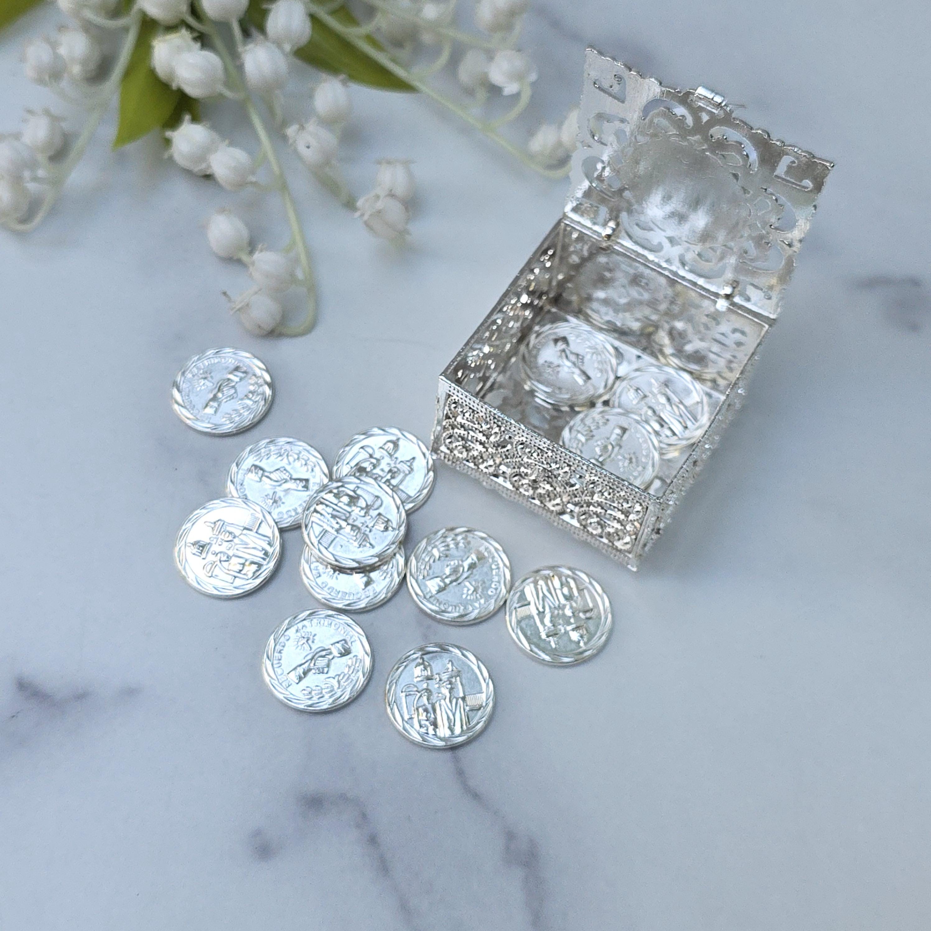 Silver Square Style Arras With White Rose Arrhae Unity Wedding Coins ...