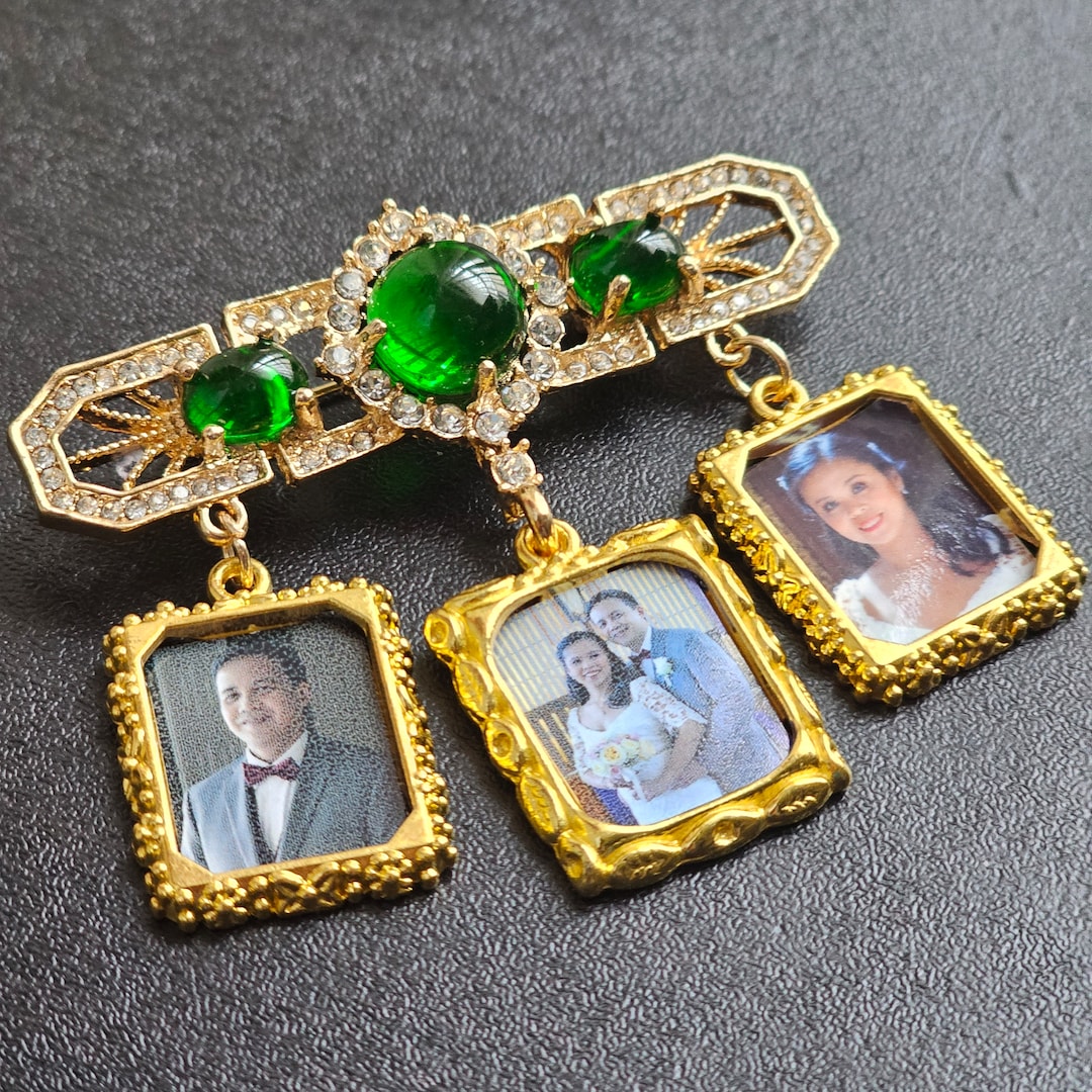 Emerald Green and Gold Brooch Lapel Pin With Multiple Photo Charms ...