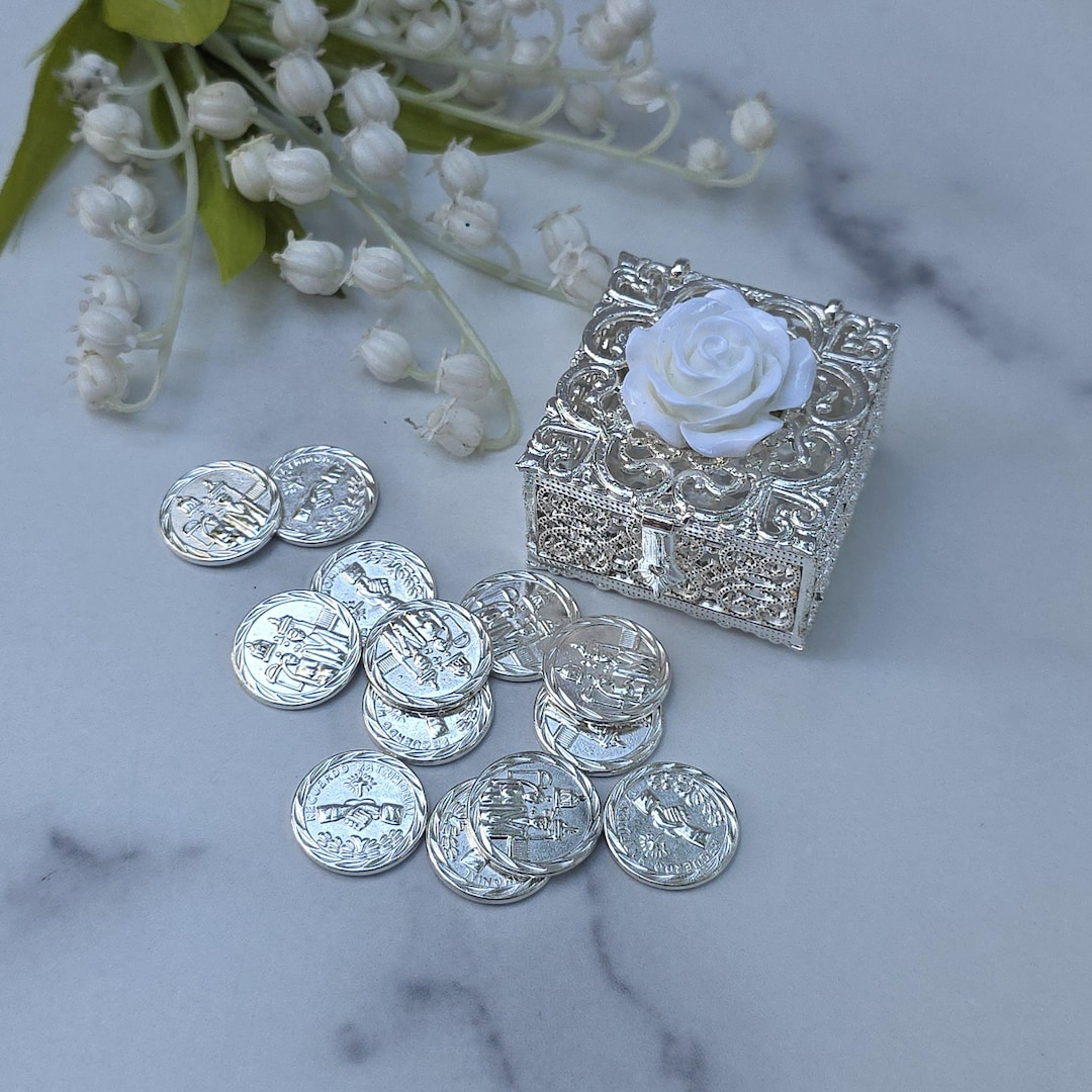 Silver Square Style Arras With White Rose Arrhae Unity Wedding Coins ...