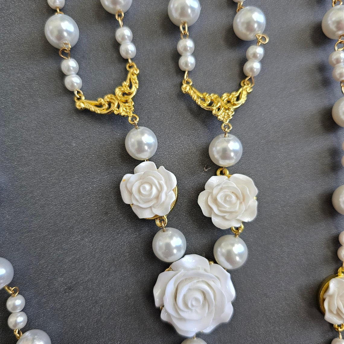 Gold White Rose and Pearl Catholic Wedding Unity Cord Rosary-like Lasso ...