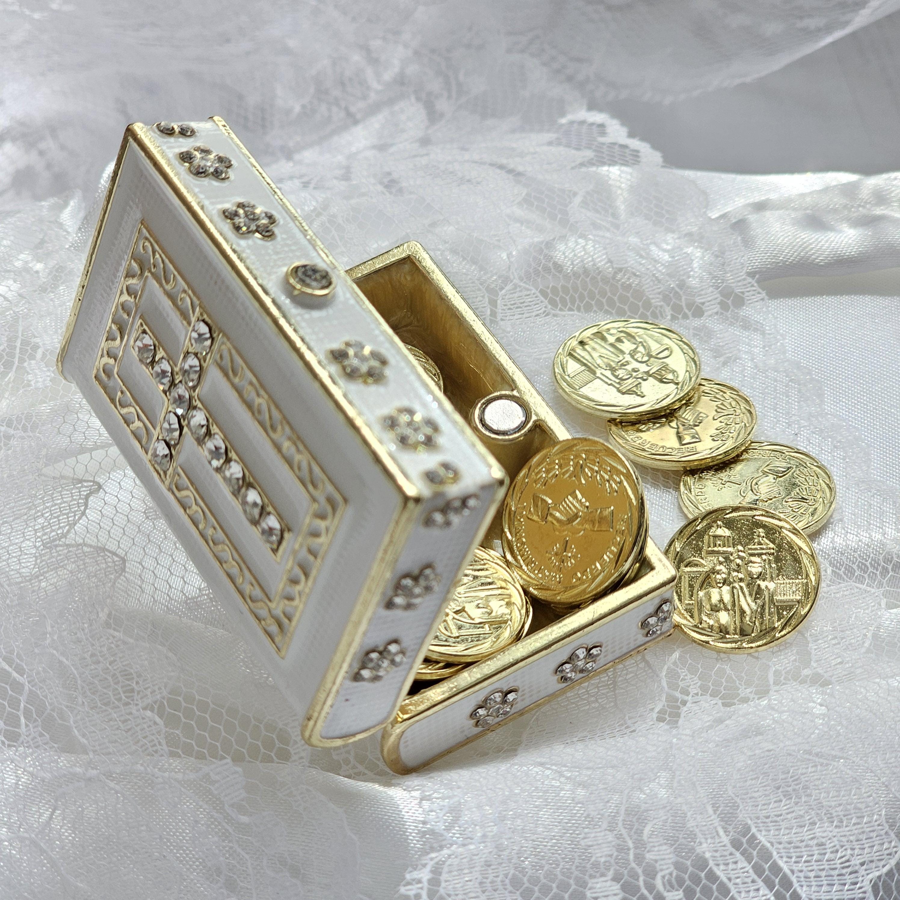 White and Gold Enamel Holy Bible Arras Box With 13pcs Gold Wedding ...