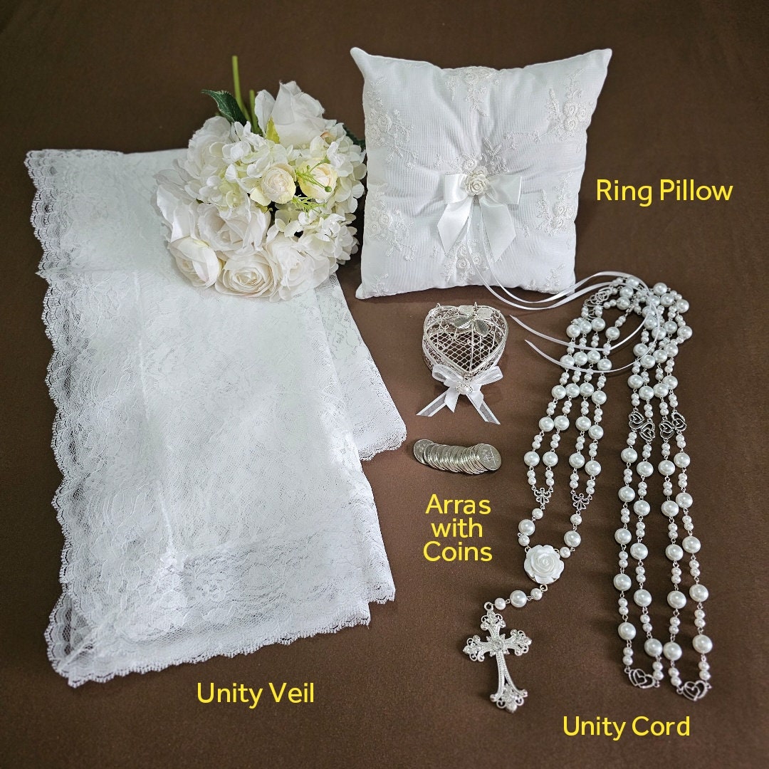 Faith Wedding Bundle, Floral Unity Veil & White Rose Unity Cord, Arras ...