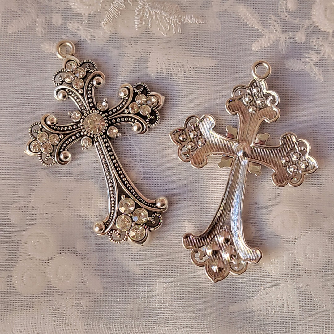 Big Silver Cross With Rhinestones Antique Silver Ornate Cross - Etsy