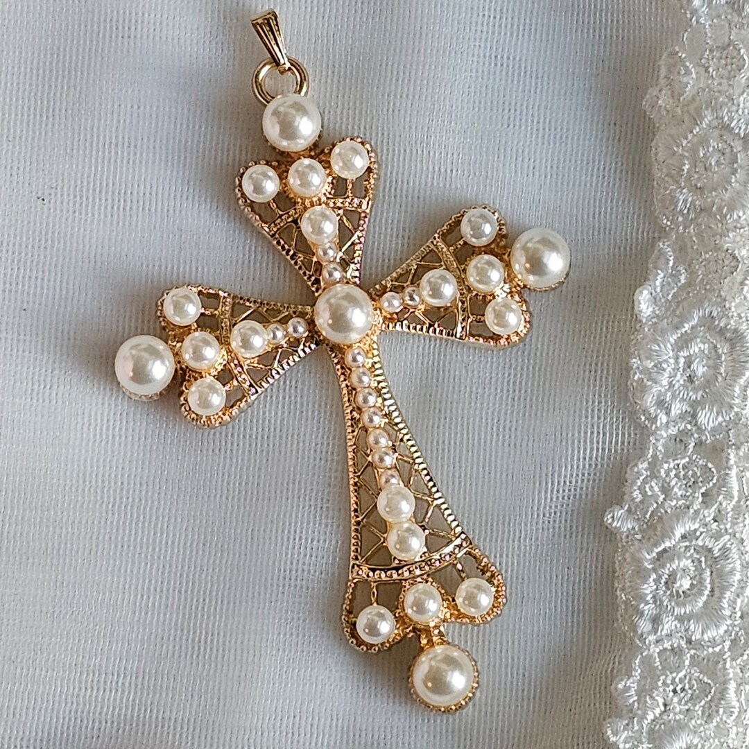 Gabrielle Gold and Pearl Pendant Cross, 4 X 3 Inches, Gold Plated With ...