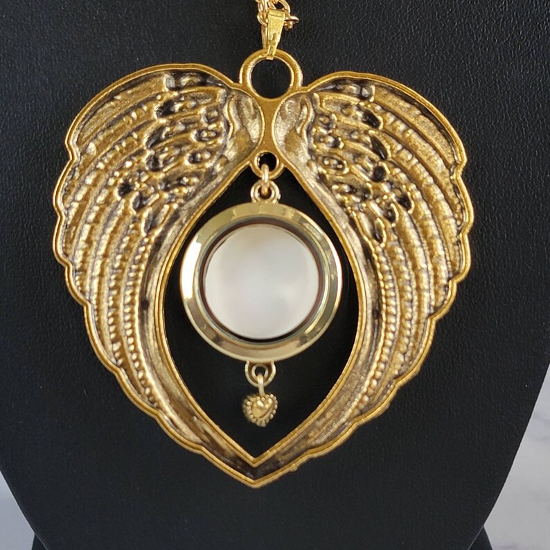 Gold Angel Wings Memorial Photo Locket Necklace, Round Big Rhinestone ...