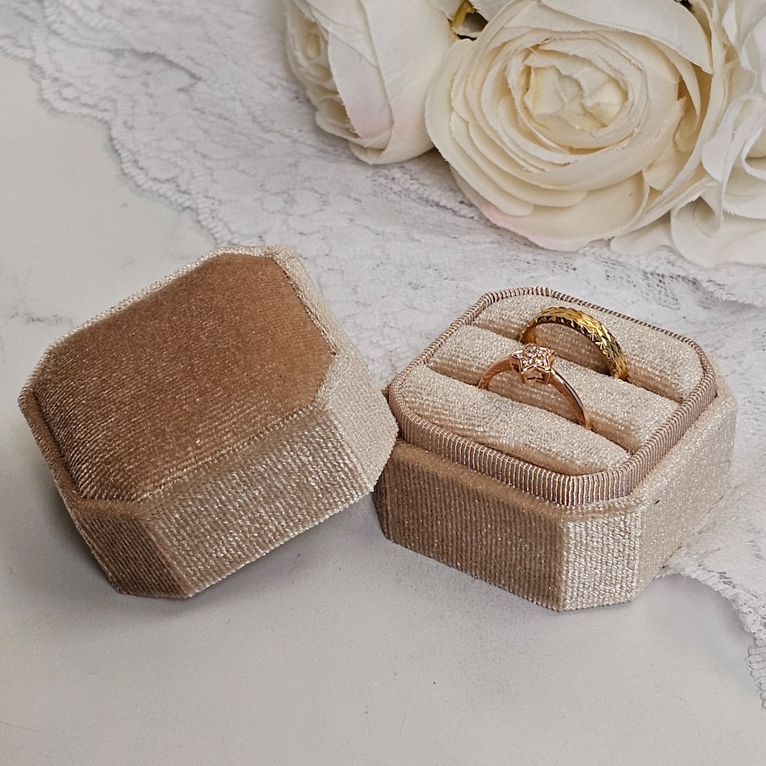 Tuscan Beige Octagon - Velvet Ring Box for Weddings, Double Ring Slot ...
