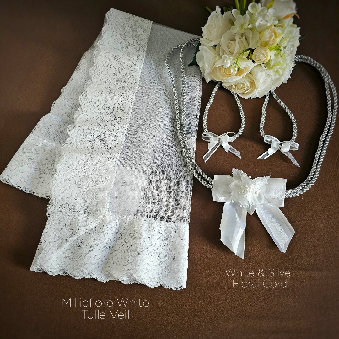 Milliefiore White Wedding Unity Veil With White & Silver Floral Unity ...