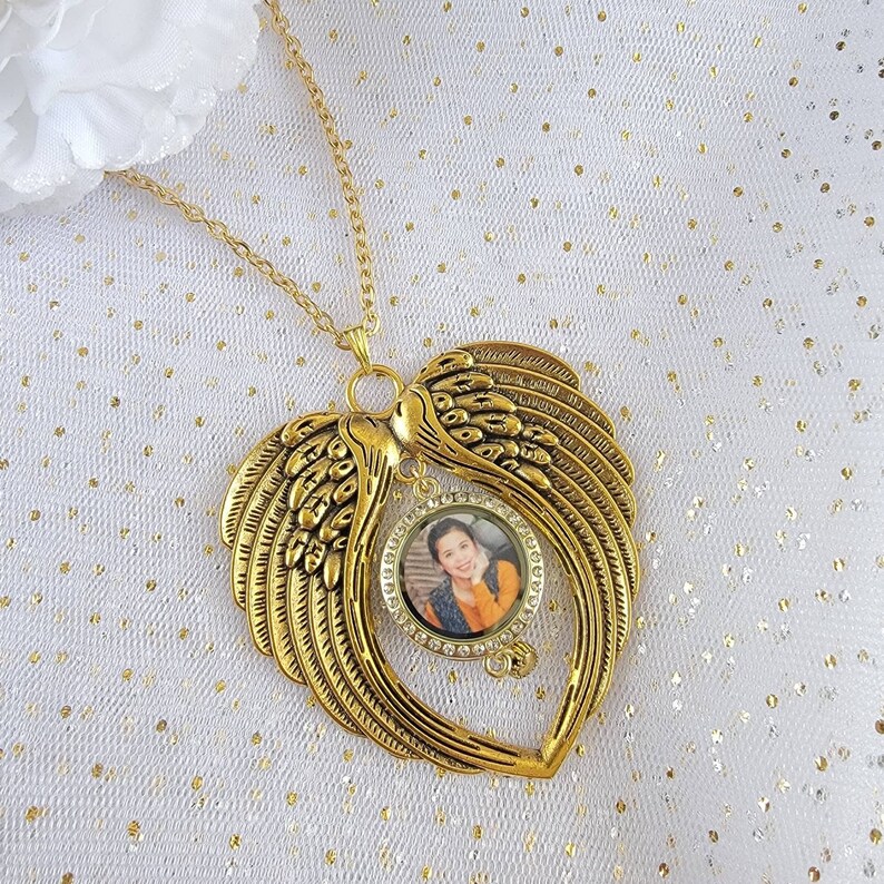Gold Angel Wings Memorial Photo Locket Necklace, Round Big Rhinestone ...