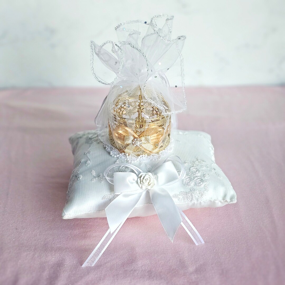 White Mini Embroidered Roses Arras Pillow, Wedding Unity Coins Cushion ...
