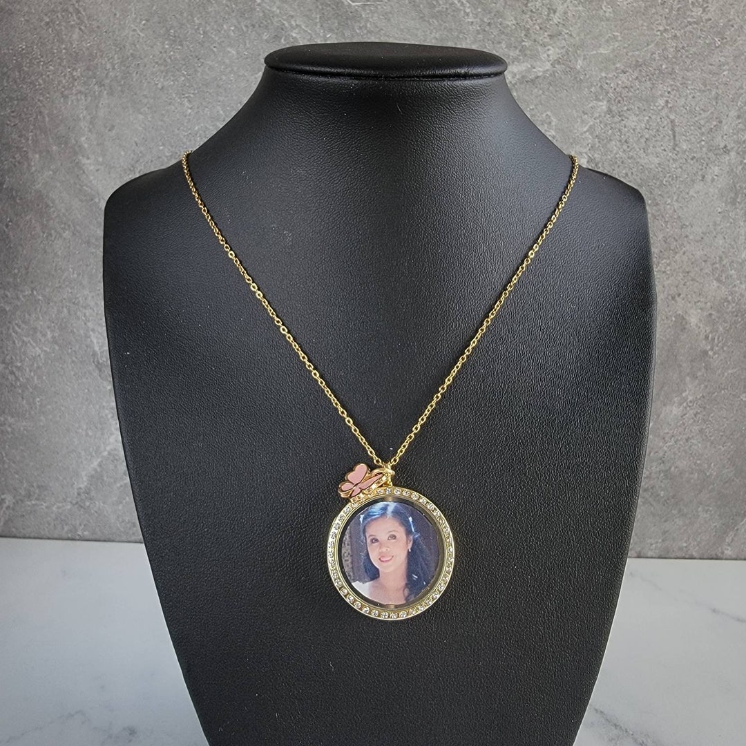 Gold Round Memorial Photo Locket Necklace With Butterfly Charm ...