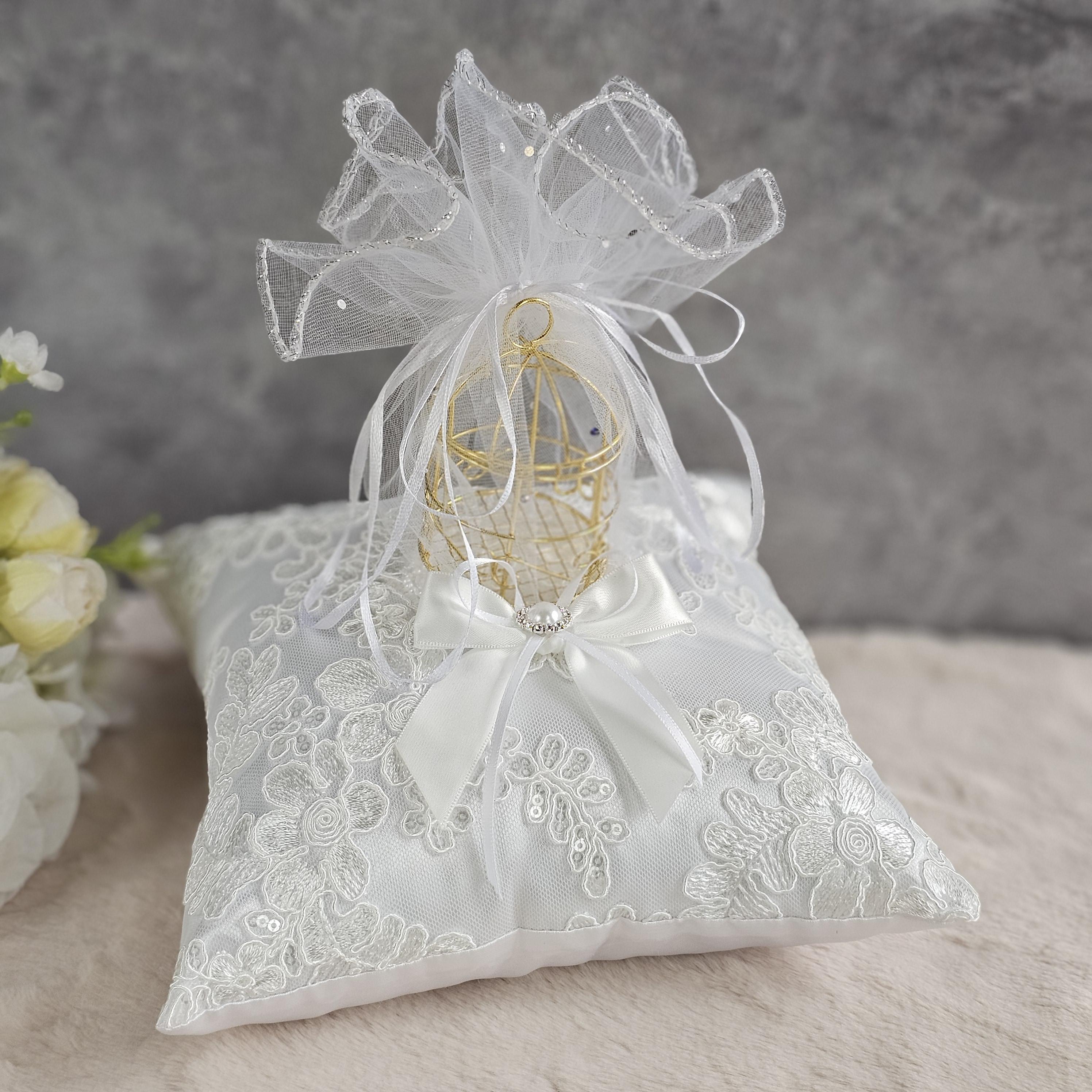 White Floral Embossed Wedding Pillows Set for Rings and Arras, Pillow ...