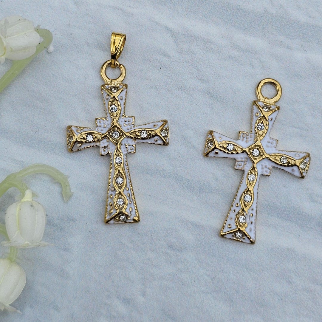 Bonnie Gold and White Pendant Cross Real 18K Gold Plated Stainless ...