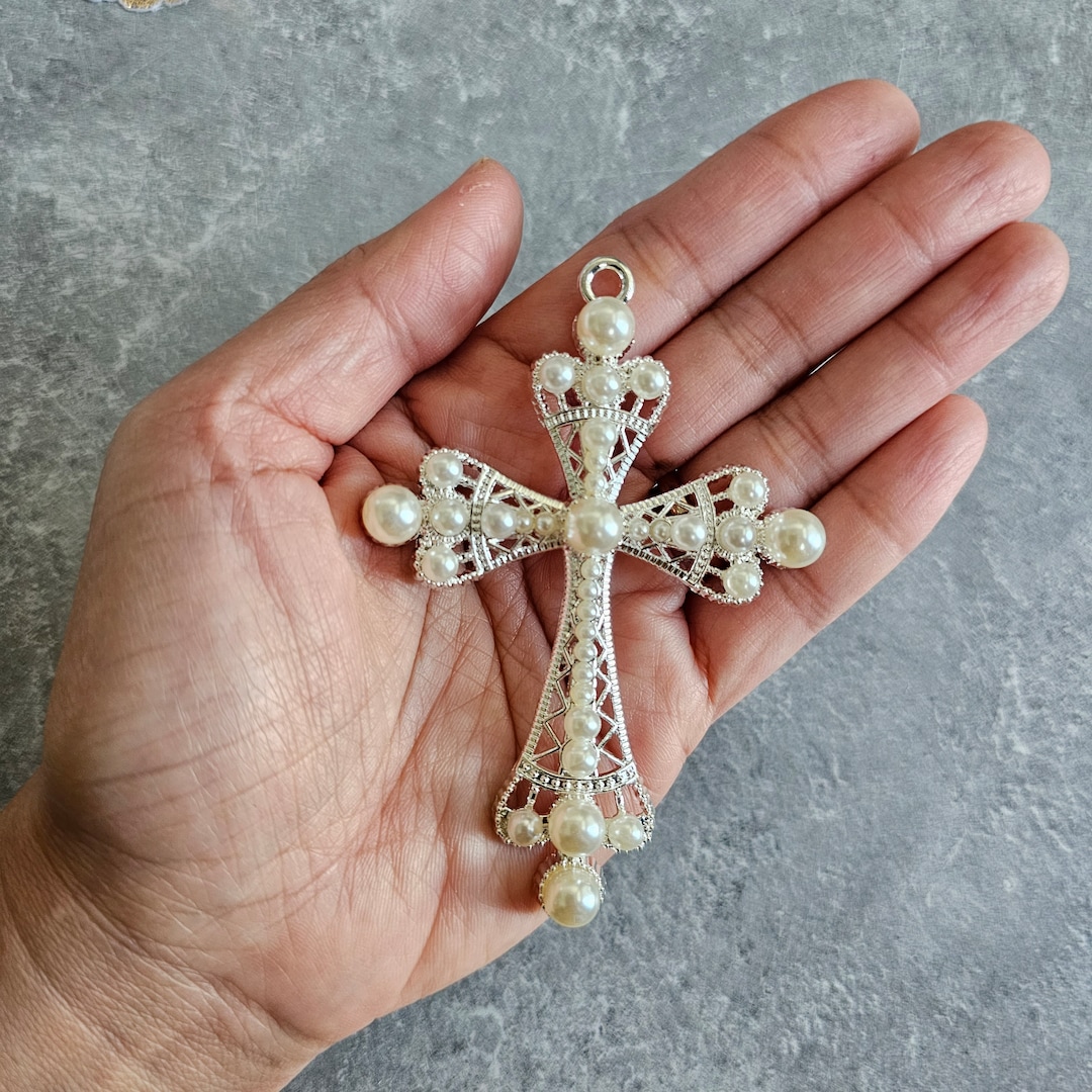 Sarah Big Rhinestone Pearl Cross Pendant, 4 X 3 Inches, Silver Plated ...