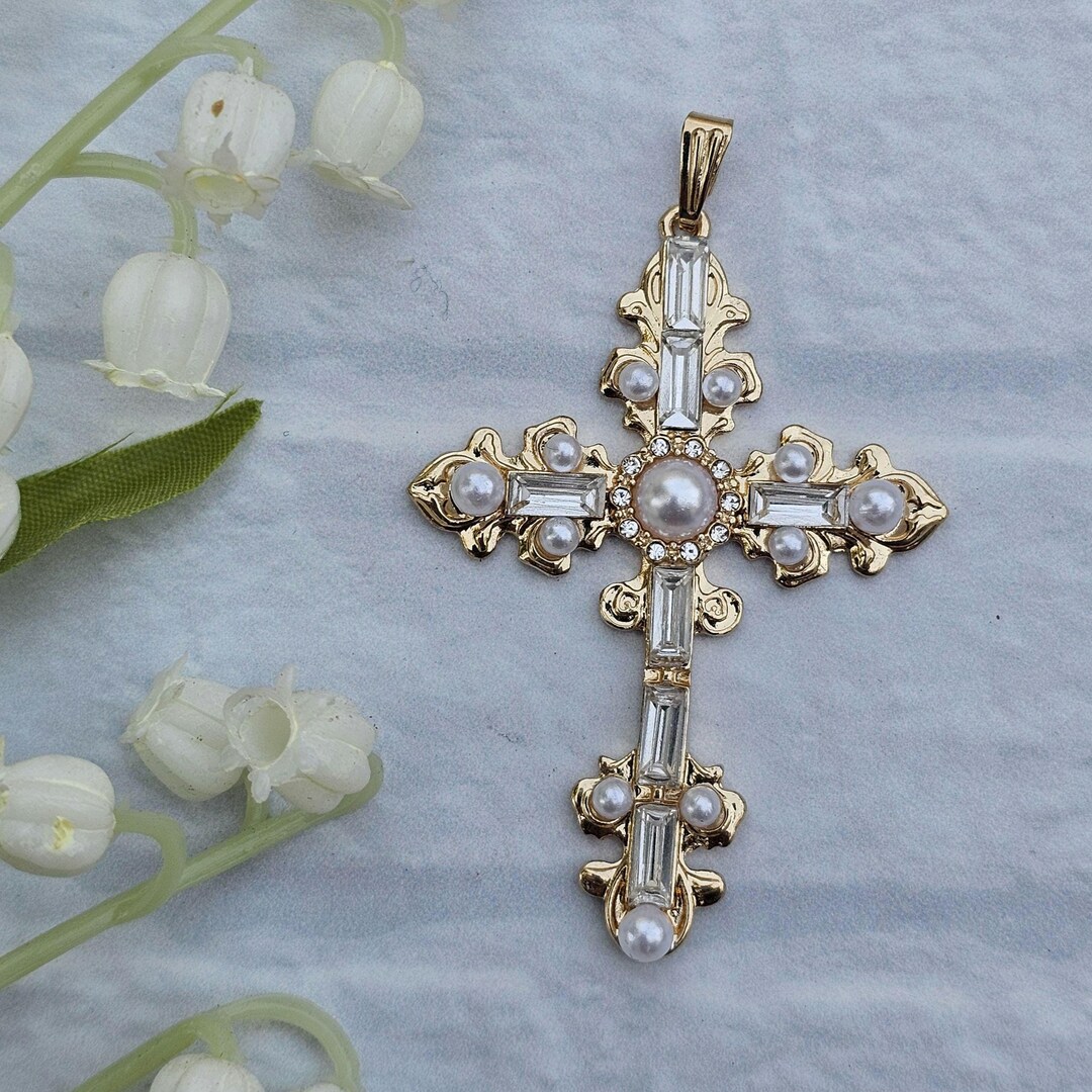 Katherine Big Gold Rhinestone Pearl Cross Pendant, 2 X 1.25 Inches ...