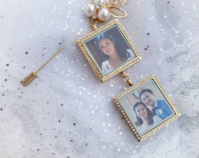 Gold Square Double Locket Memorial Brooch Pin With Rhinestones, Photo ...