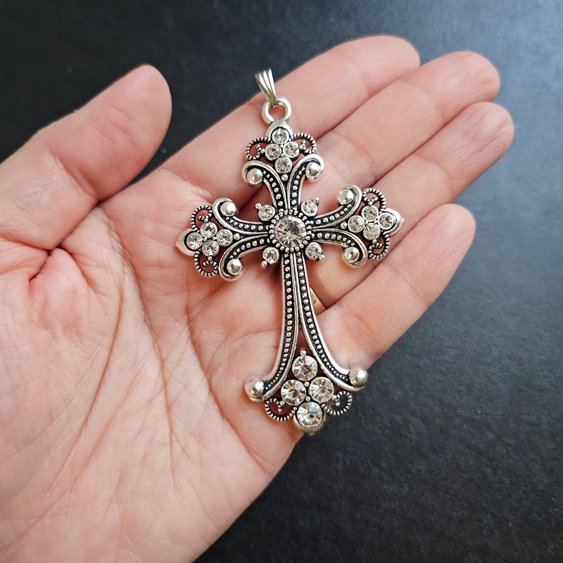 Timothy - Big Antique Silver Cross With Rhinestones Ornate Pendant ...