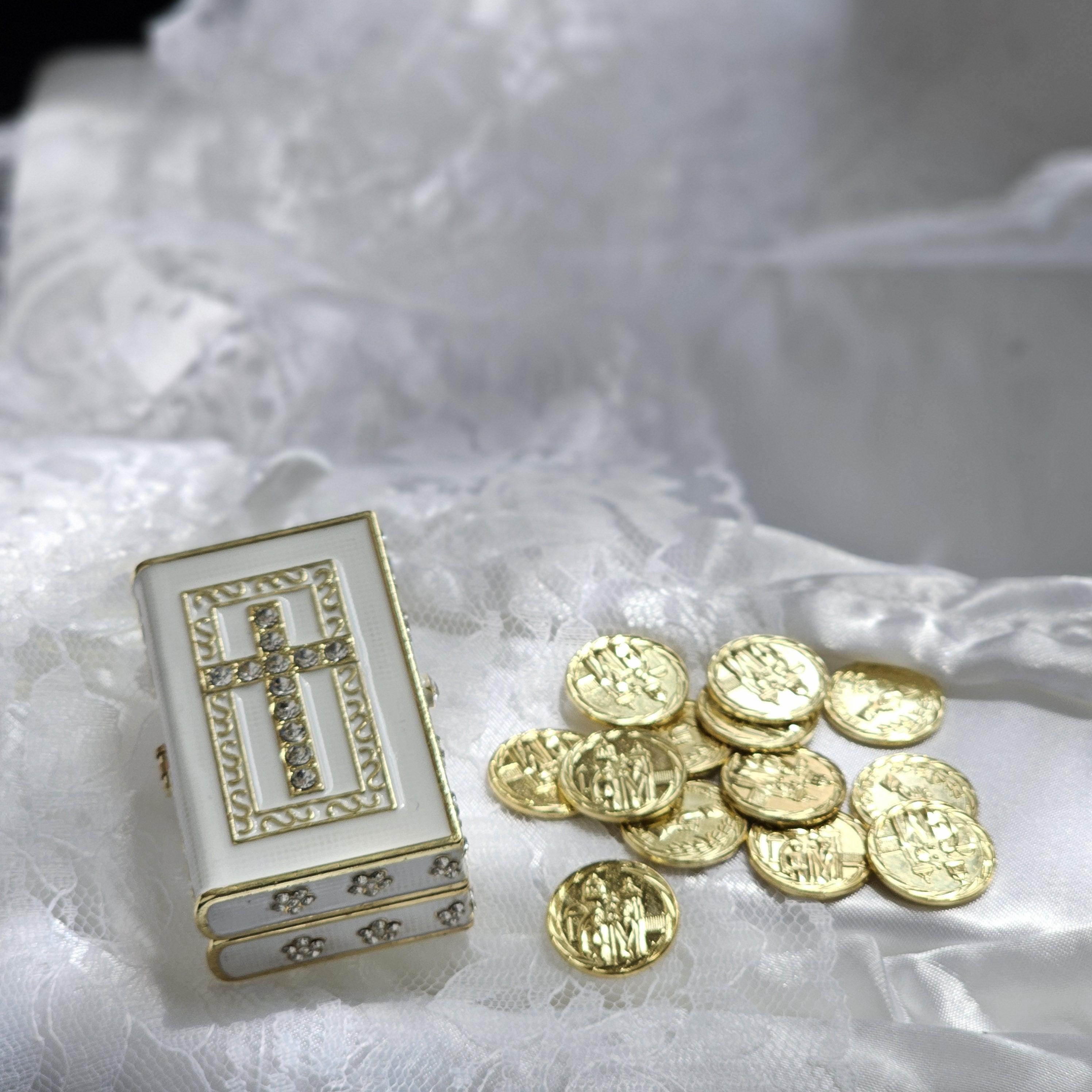 White and Gold Enamel Holy Bible Arras Box With 13pcs Gold Wedding ...