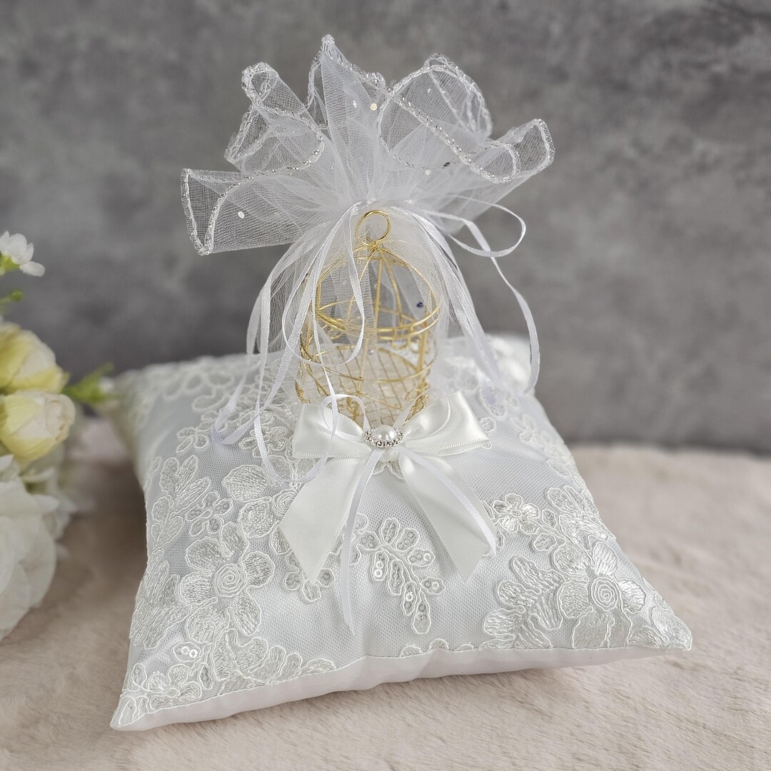 White Floral Embossed Lace Arras Pillow, Wedding Unity Coins Cushion ...
