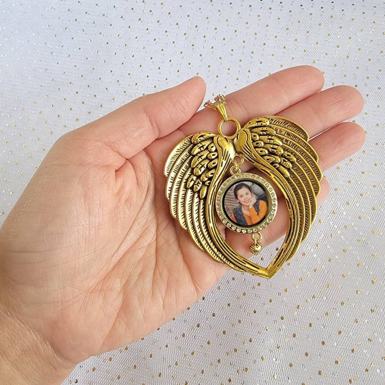 Gold Angel Wings Memorial Photo Locket Necklace Round Big - Etsy