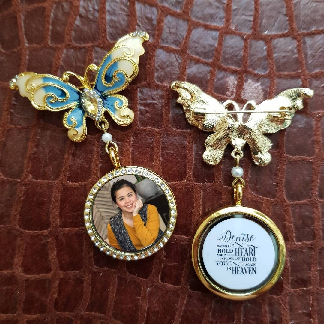 Memorial Blue Butterfly Brooch Pin With Bejeweled Gold Locket - Etsy