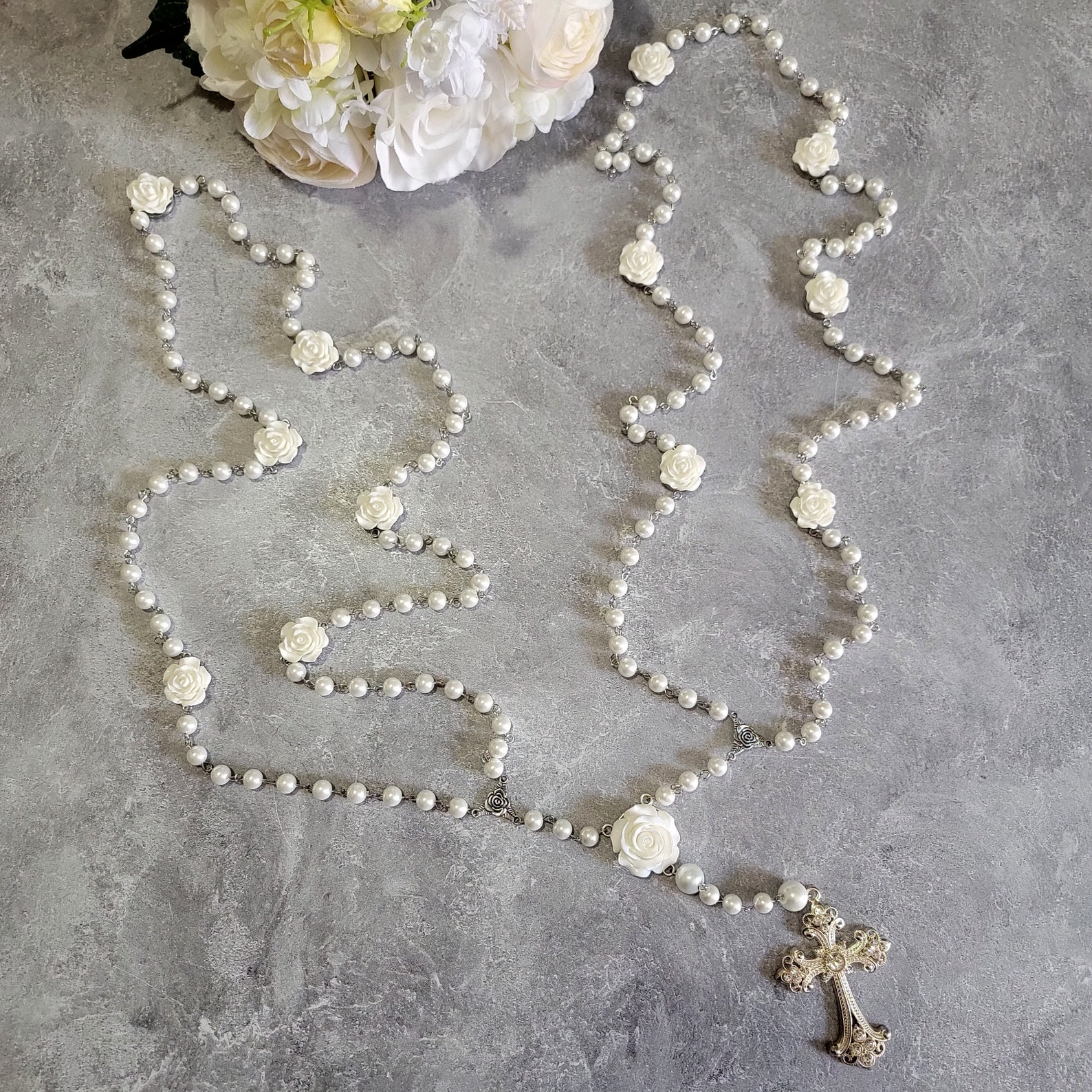 Silver - White Rose Pearl Rosary Unity Cord - for Catholic Wedding ...