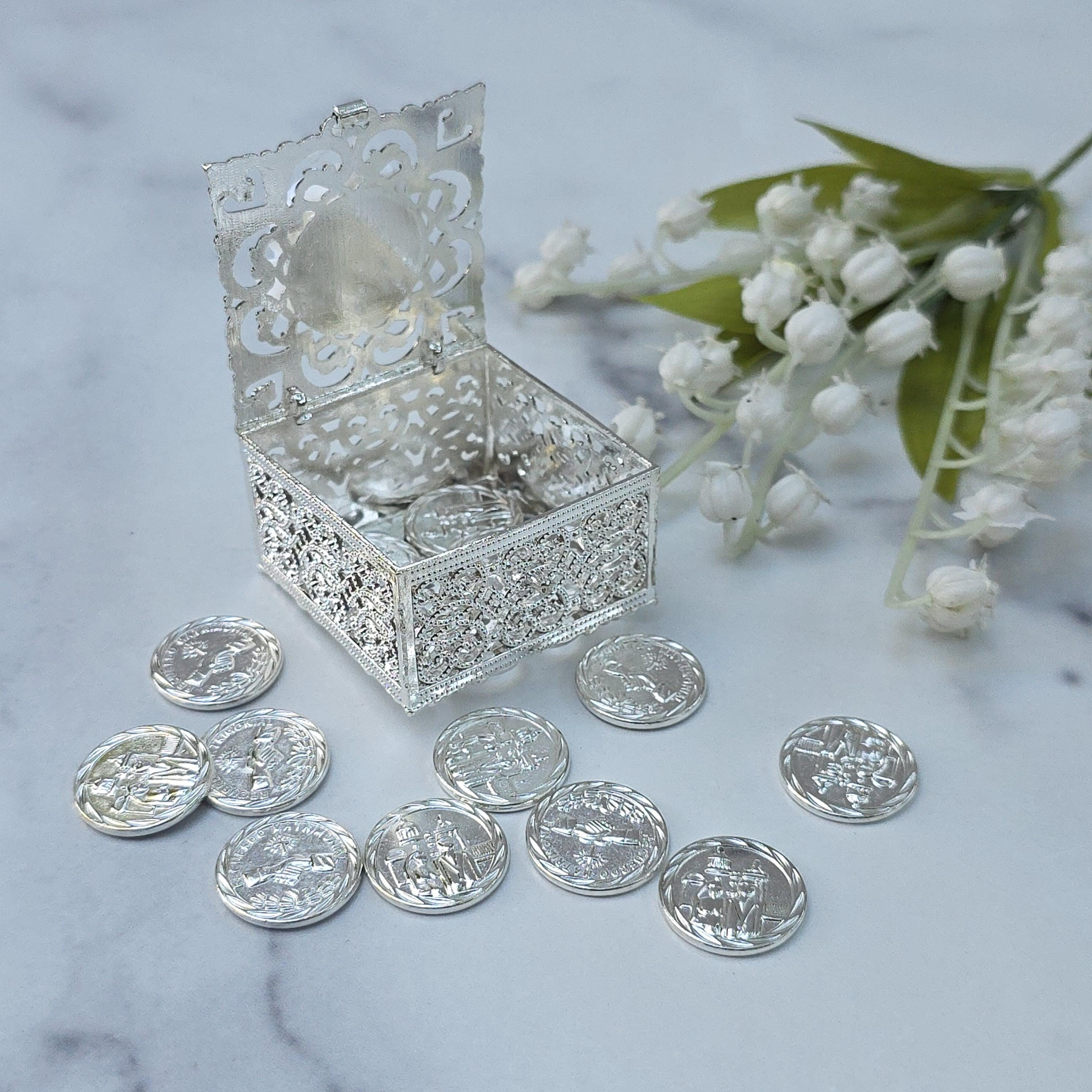Silver Square Style Arras With White Rose Arrhae Unity Wedding Coins ...