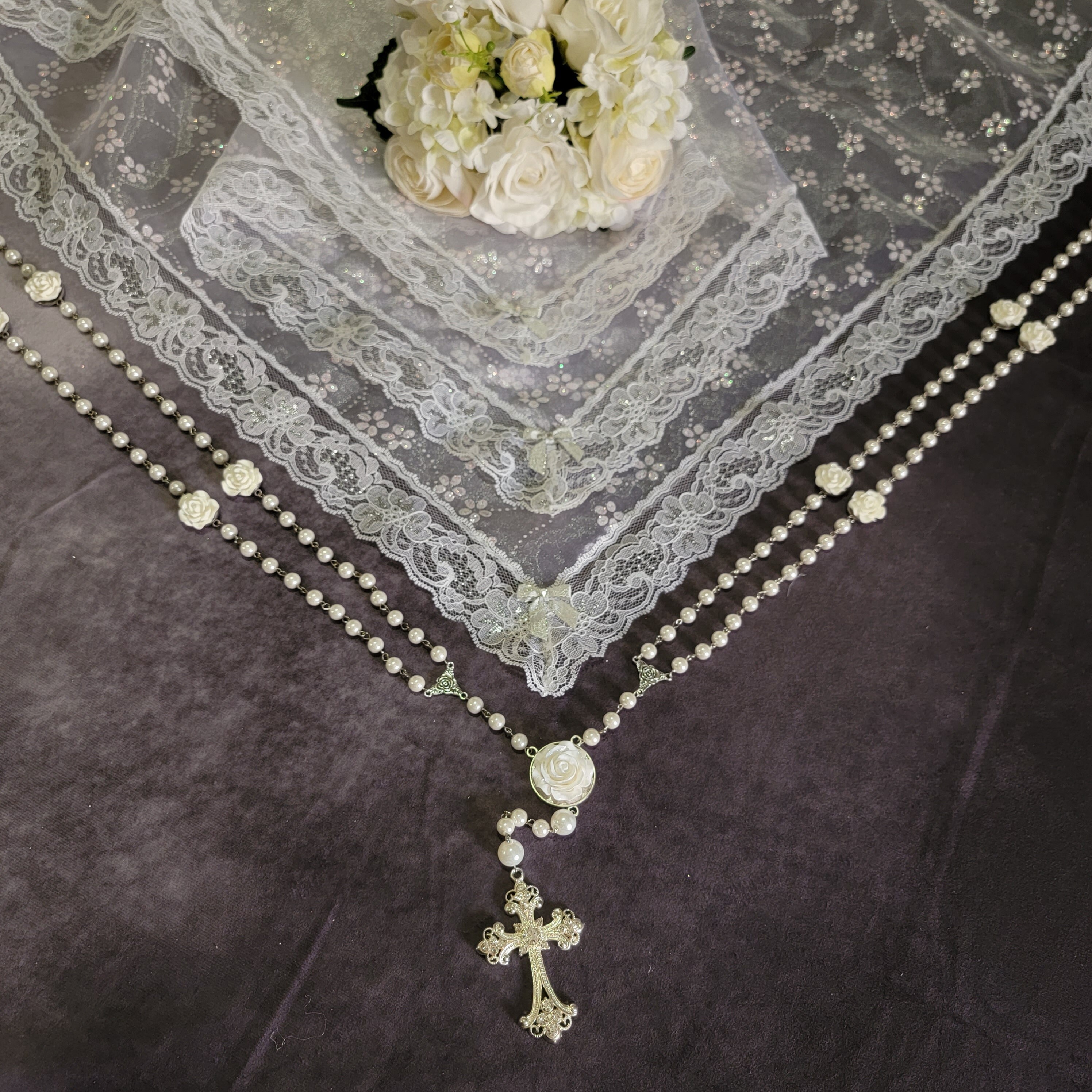 Silver - White Rose Pearl Rosary Unity Cord - for Catholic Wedding ...