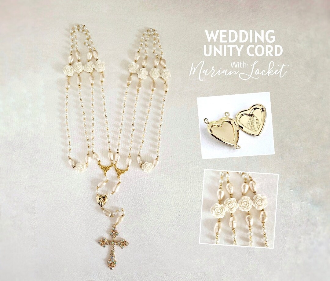 Gold - White Rose Pearl Rosary-like Unity Cord With Marian Locket ...